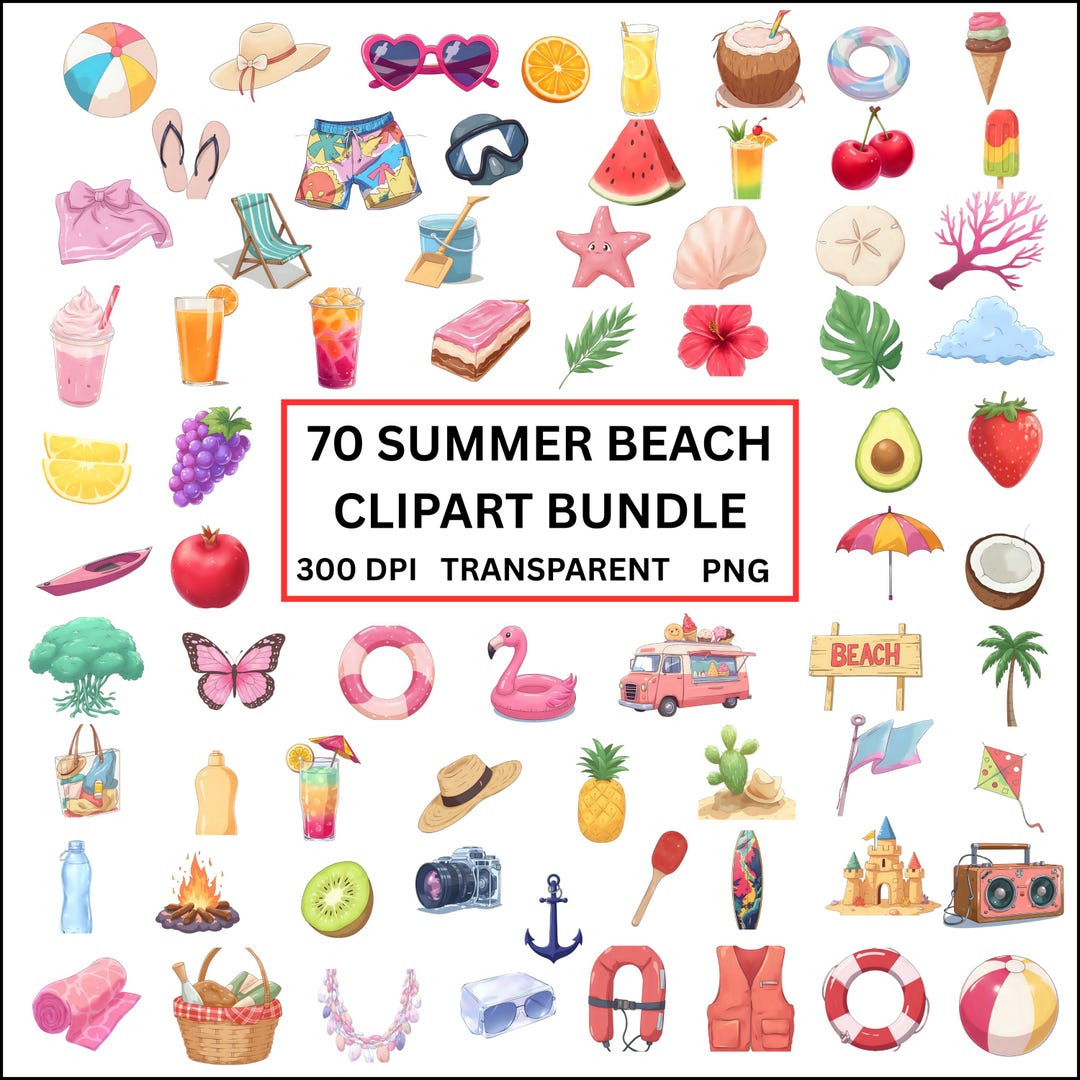 70 Summer Beach Clipart Bundle – PNG Files, Transparent Background,300 ...