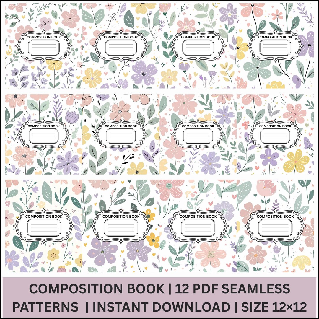 12 Seamless Composition Book Patterns Bundle, 12x12 Digital Papers ...