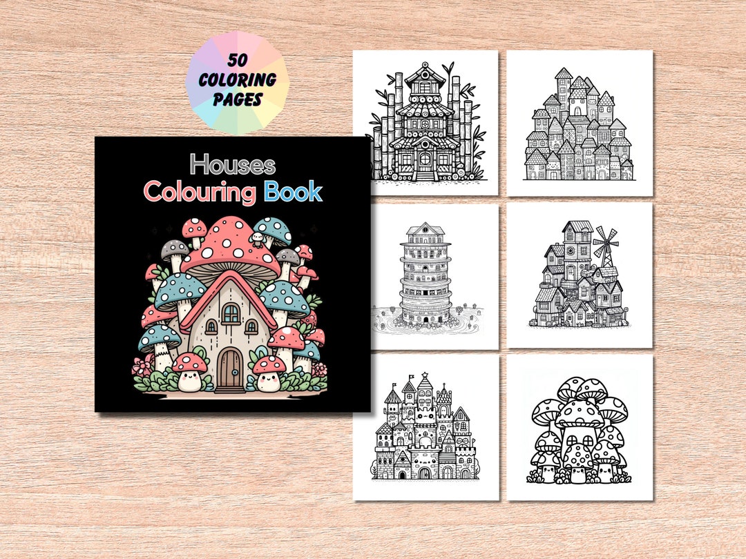 Houses Coloring Book | Grayscale Coloring Page, Instant Download ...