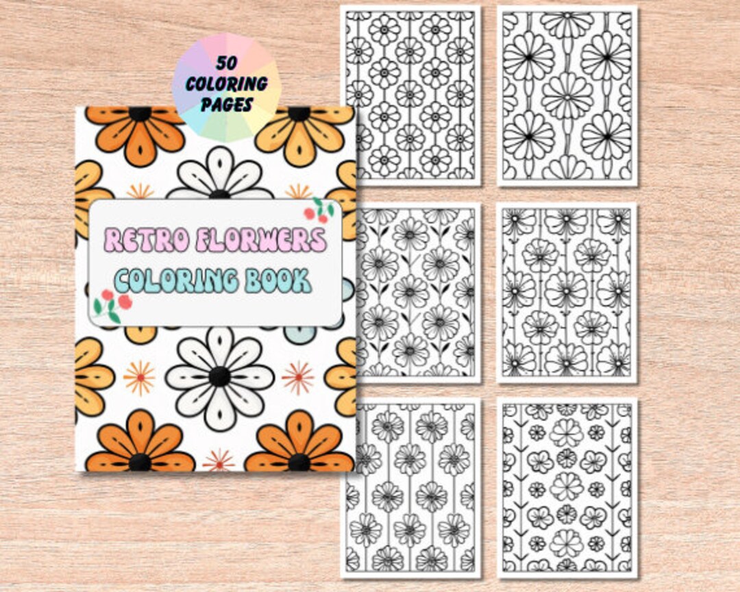 Retro Flowers Coloring Book Easy Retro Style Coloring Page, Trendy ...