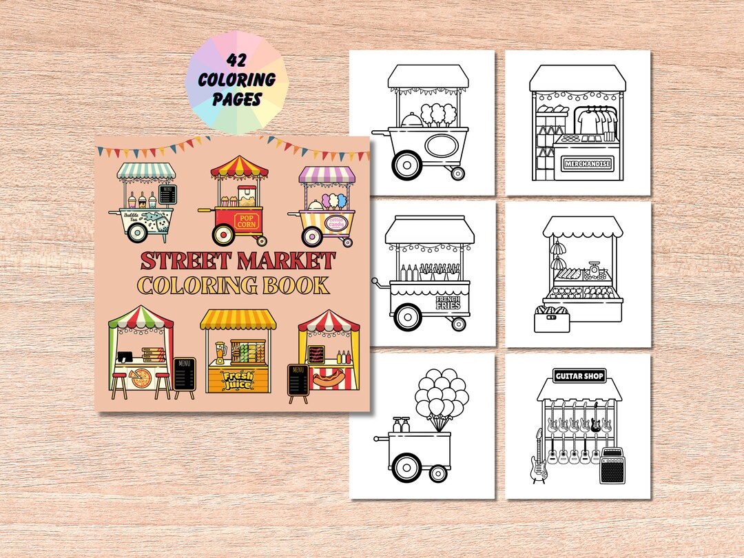 Street Market Coloring Book | Mini Booth Coloring Pages, Storefront ...