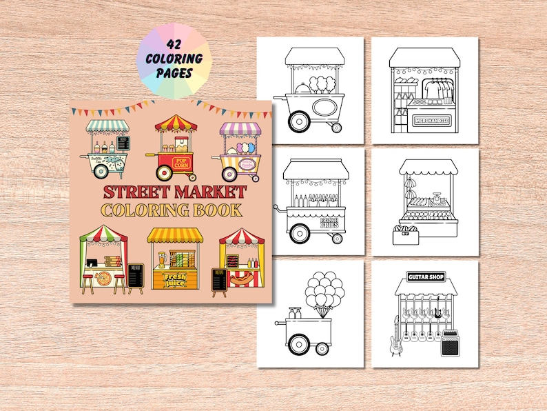 Street Market Coloring Book | Mini Booth Coloring Pages, Storefront ...