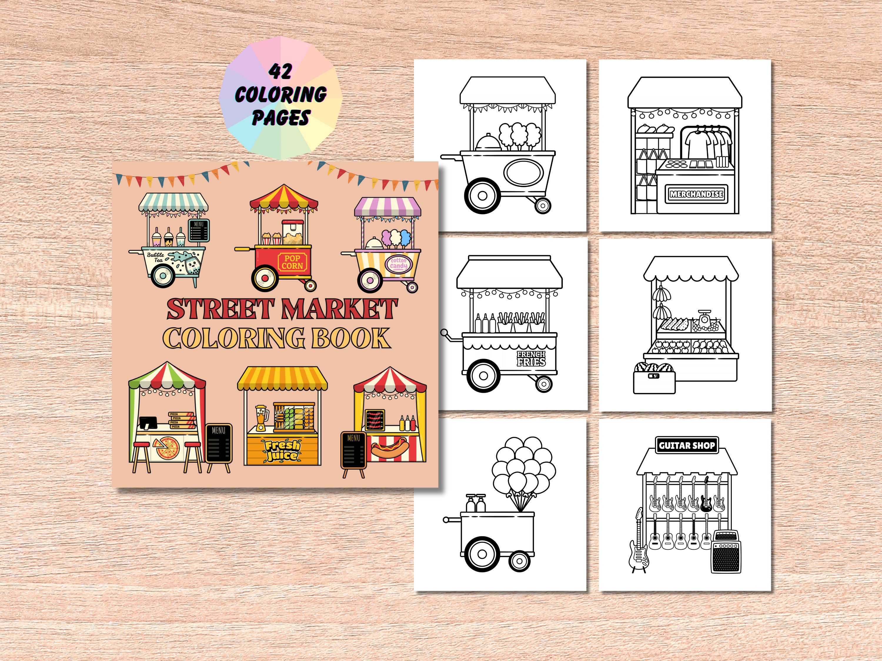 Street Market Coloring Book | Mini Booth Coloring Pages, Storefront ...
