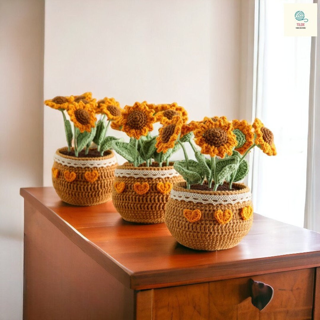 Crochet Sunflowers Pots,artificial Sunflowers,wool Crochet Flowers ...