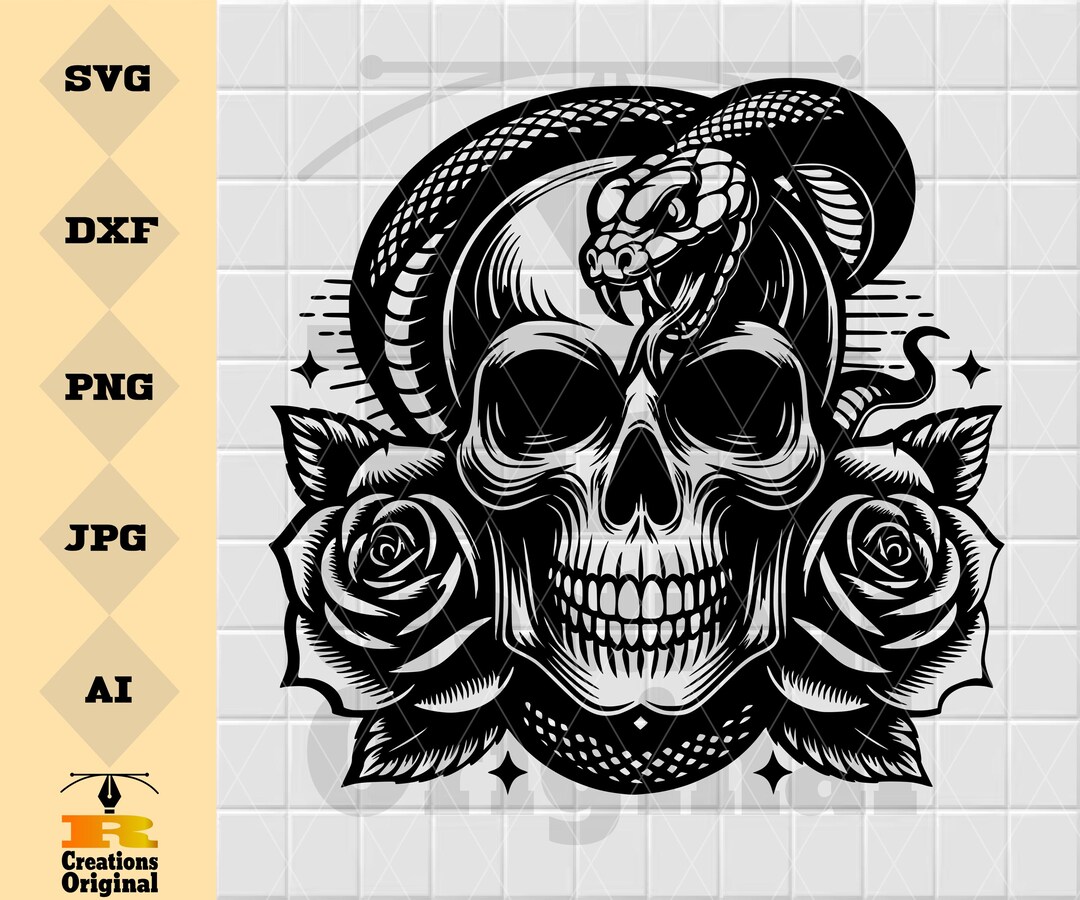 Snake Skull Rose Svg | Grim Reaper Tattoo Skull Vector Silhouette ...