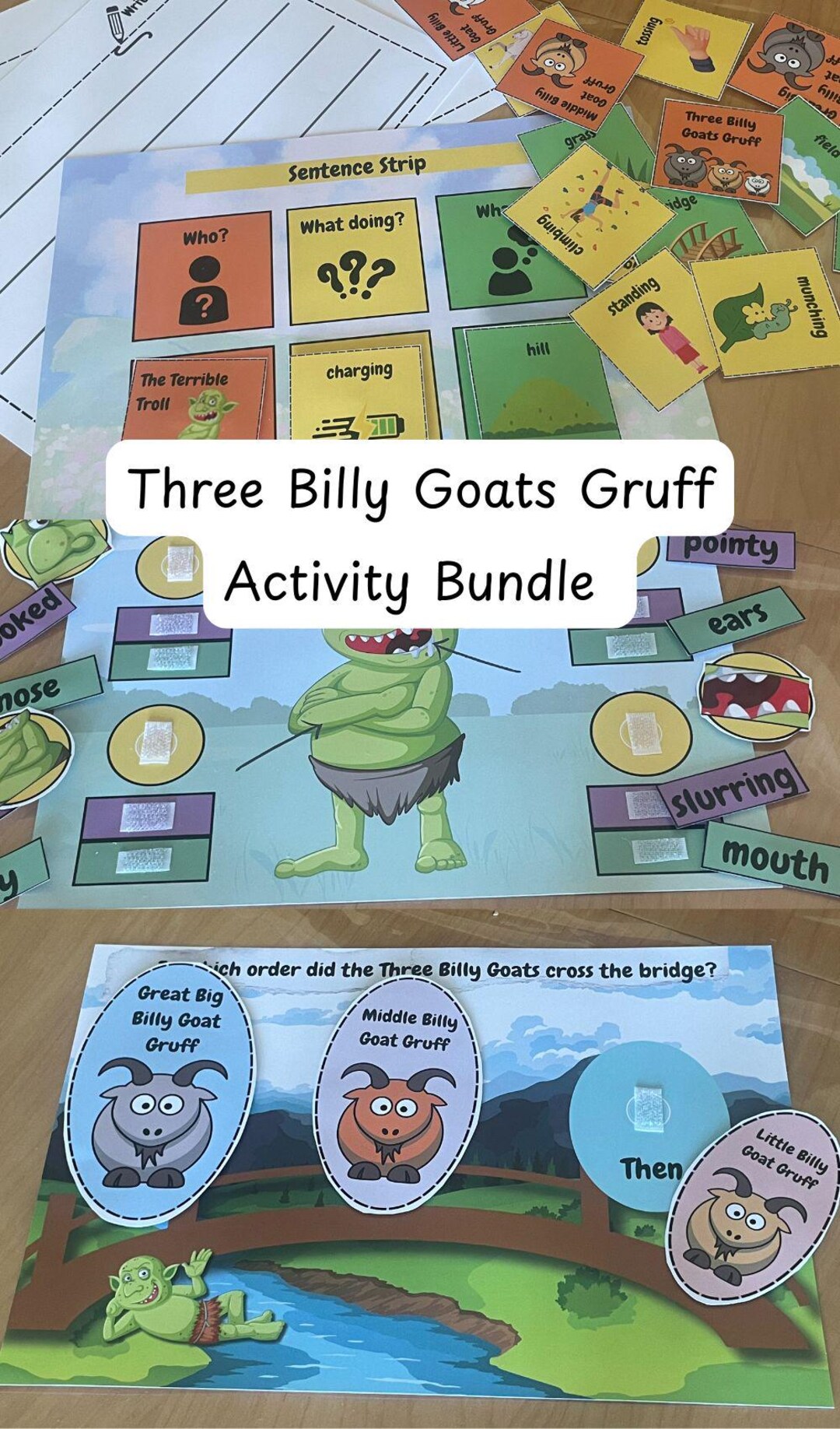 Three Billy Goats Gruff Preschool Learning Printables, Sentence ...