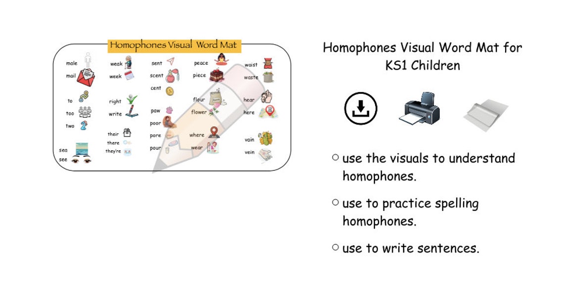 Homophones Visual Word Mat for Primary Children for Vocabulary Building ...