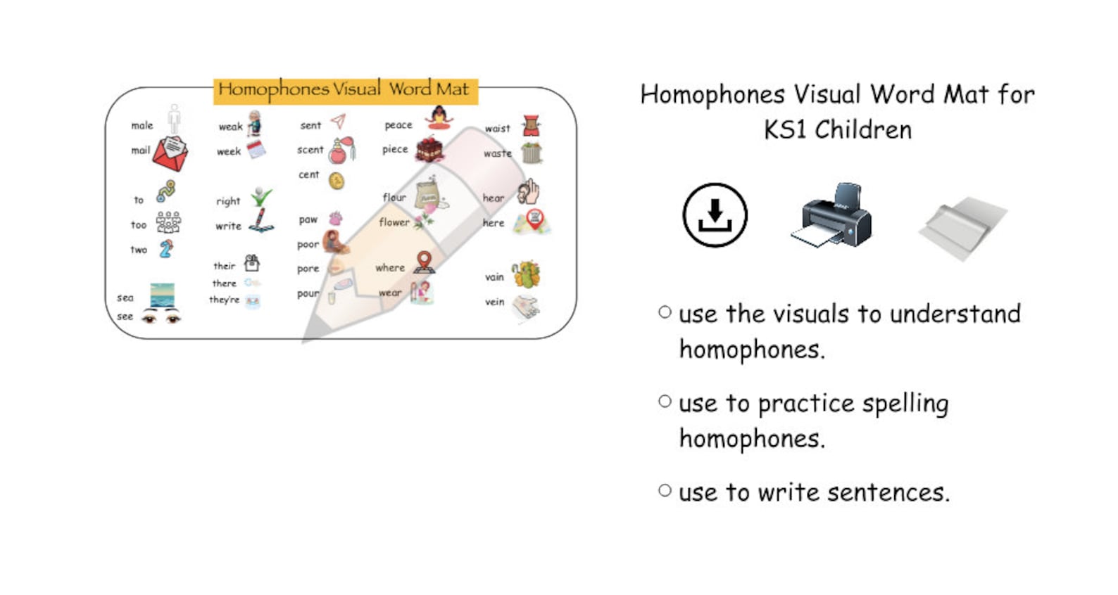 Homophones Visual Word Mat for Primary Children for Vocabulary Building ...