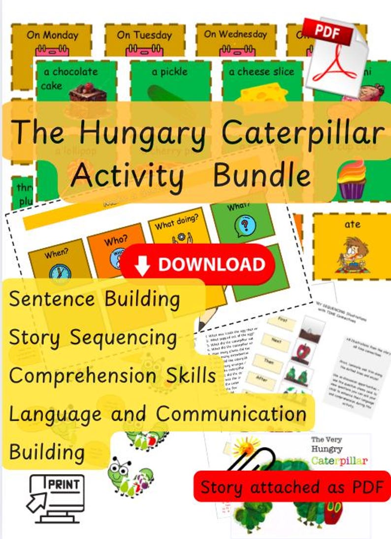 The Hungary Caterpillar Bundle | Story Sequencing, Sentence Building ...