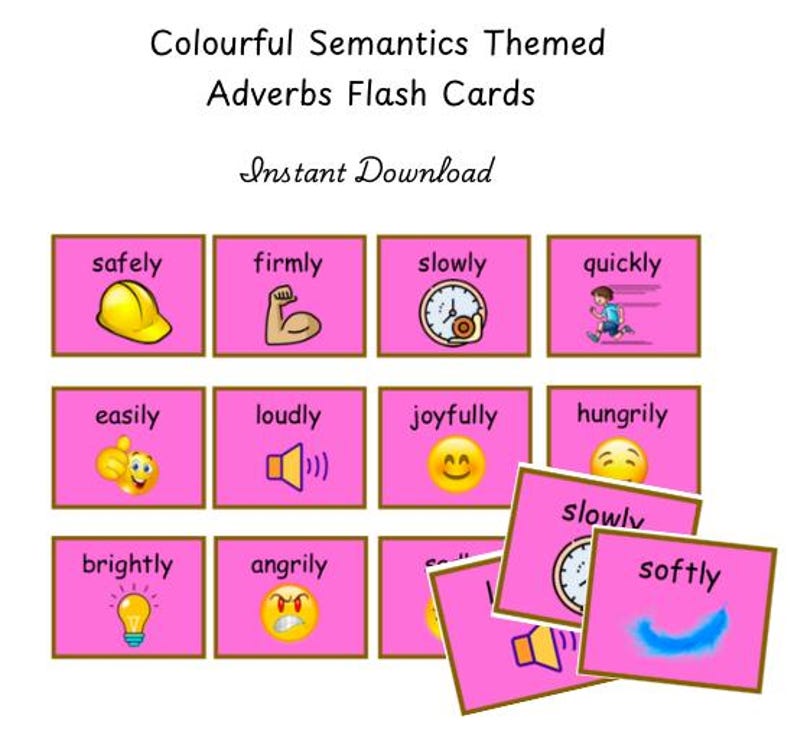 Adverbs Flash Cards for Montessori for Pre School for Colourful ...
