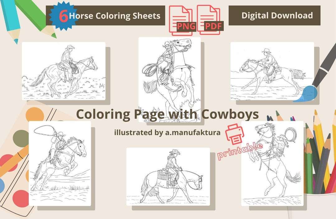 Printable Coloring Book With Cowboys, Picture for Children, 6 Western ...
