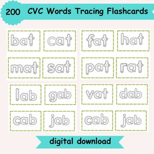 CVC Words Tracing Flashcards, Phonics Activity (PDF & PNG) - Etsy