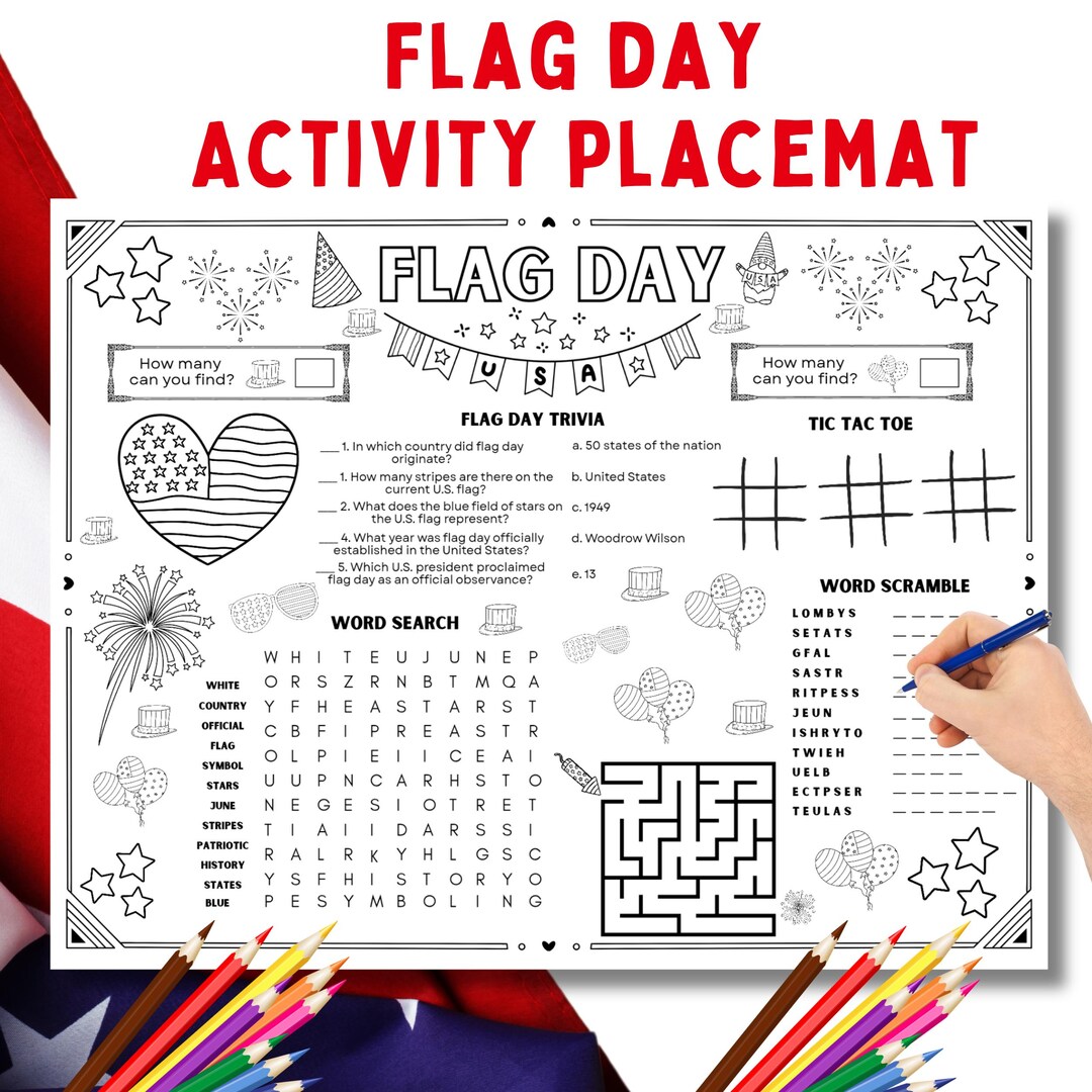 Flag Day Activity Placemat, 4th of July Kids Coloring Placemat, US Flag ...