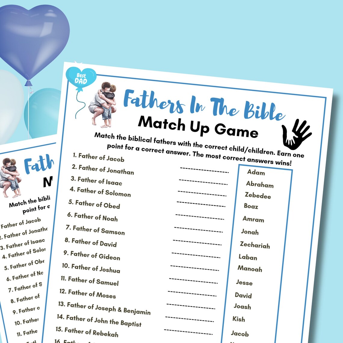 Fathers in the Bible Father's Day Match up Game, Printable Father's Day ...