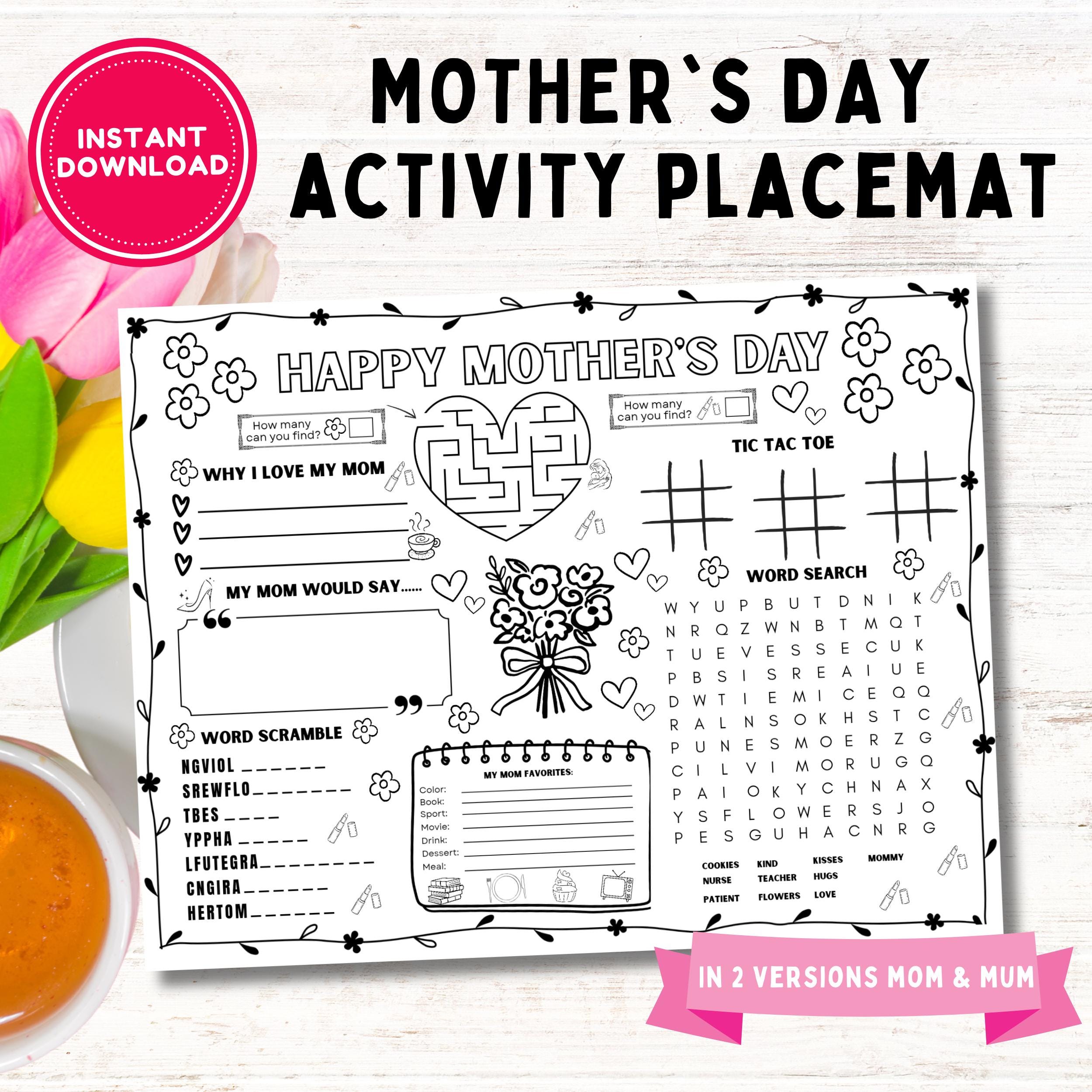 Happy Mothers Day Activity Placemat Printable, Mothers Day Craft ...