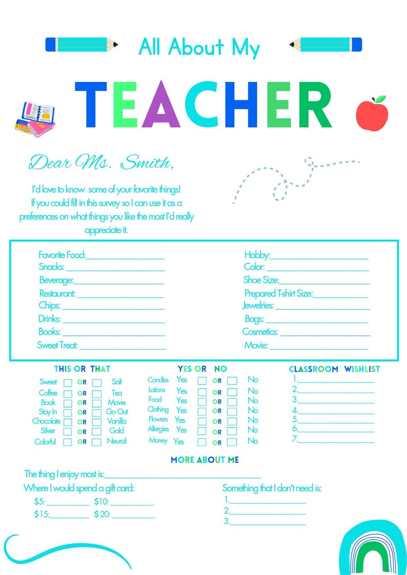 Teacher Favorites Survey, Back to School Questionnaire (editable Canva ...
