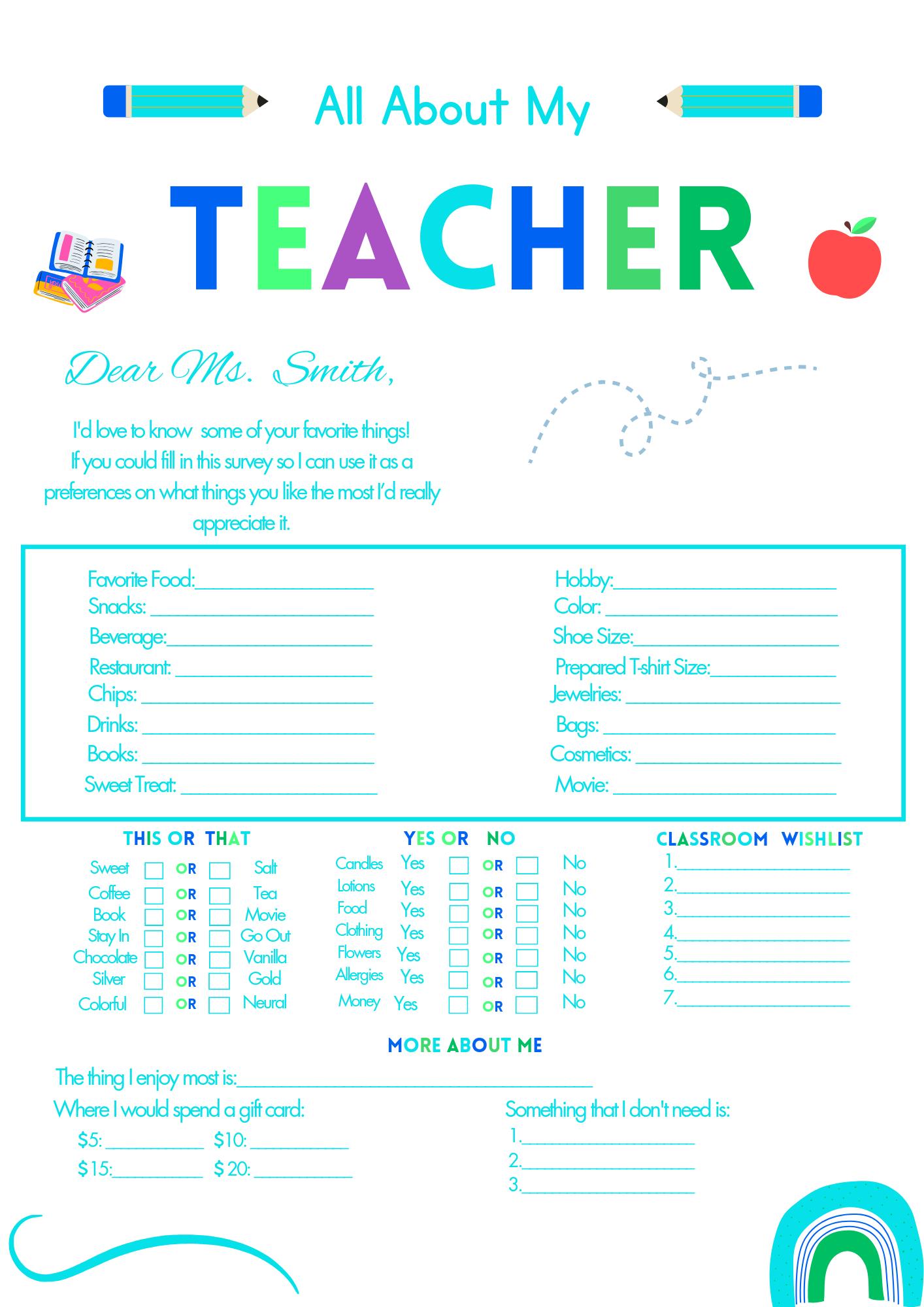 Teacher Favorites Survey, Back to School Questionnaire (editable Canva ...