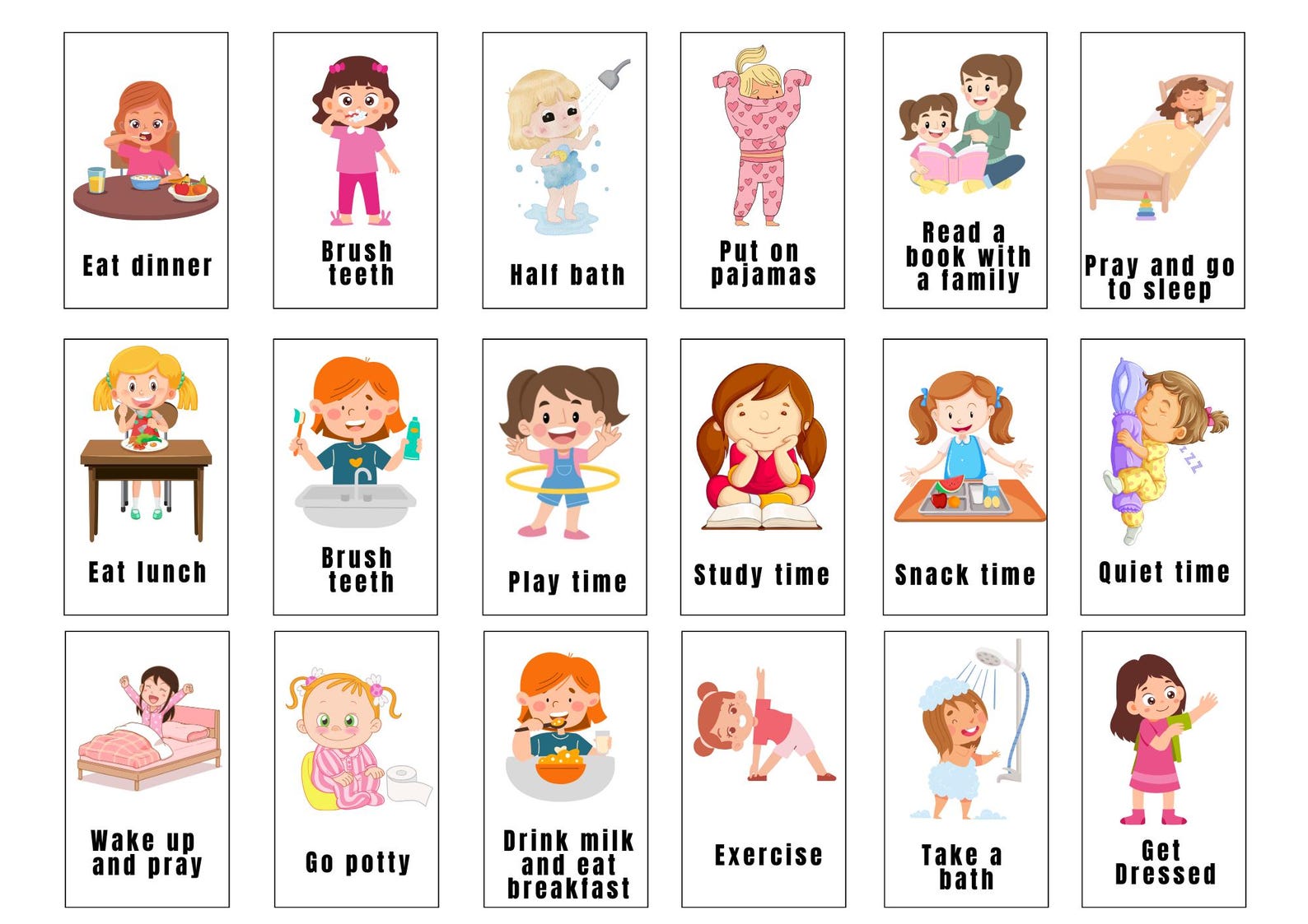 Girl Daily Routine Chart Printable, Morning, Afternoon, Evening Bedtime ...