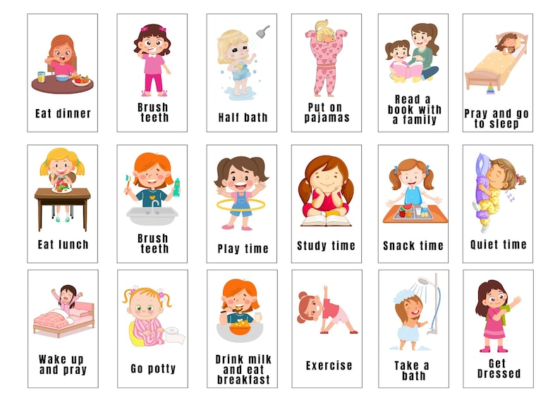 Girl Daily Routine Chart Printable, Morning, Afternoon, Evening Bedtime ...