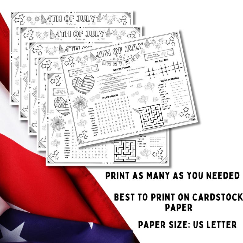4th of July Kids Activity Placemat, Printable Coloring Page (PDF) - Etsy