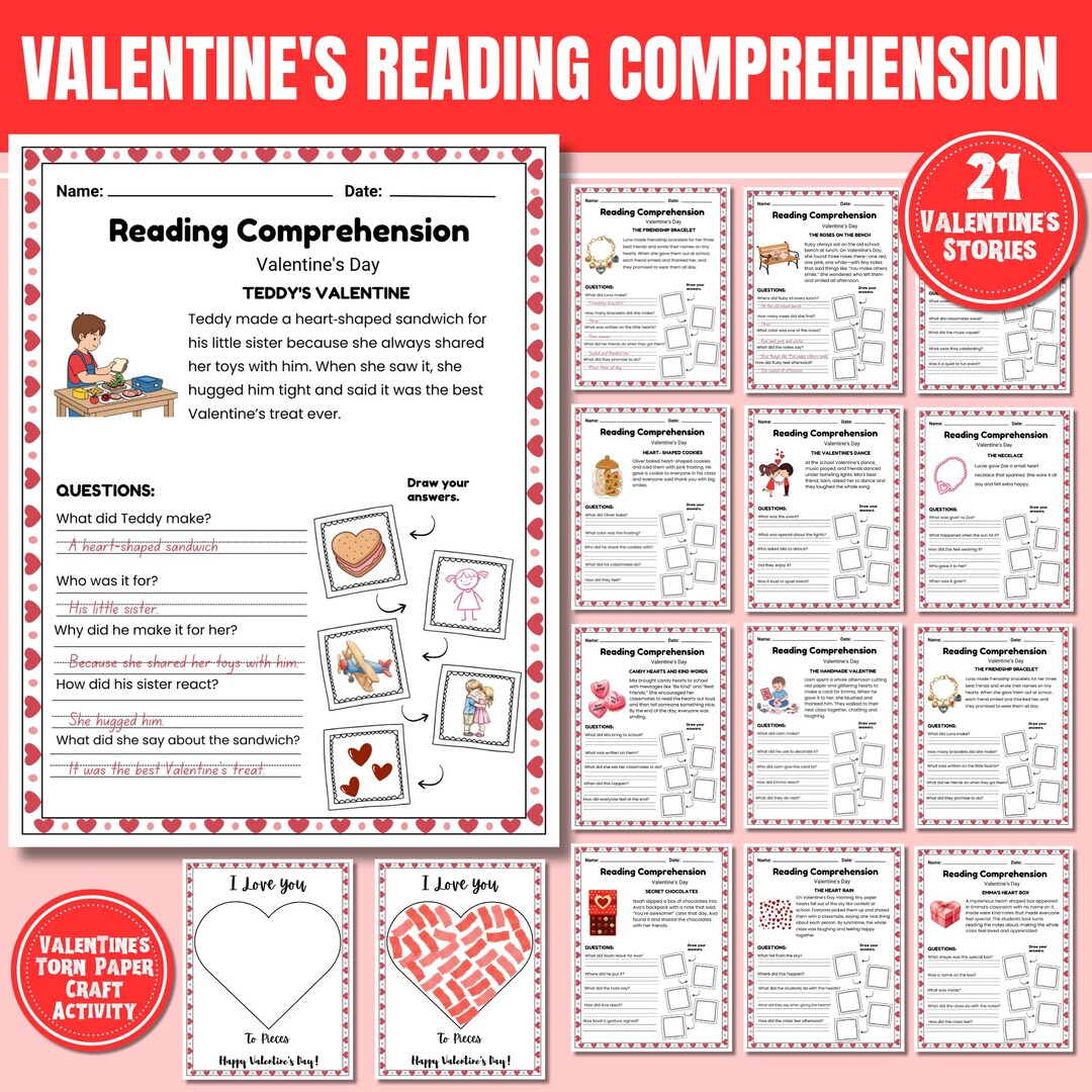 Valentine's Day Reading Comprehension: 20 Printable Stories (homeschool ...