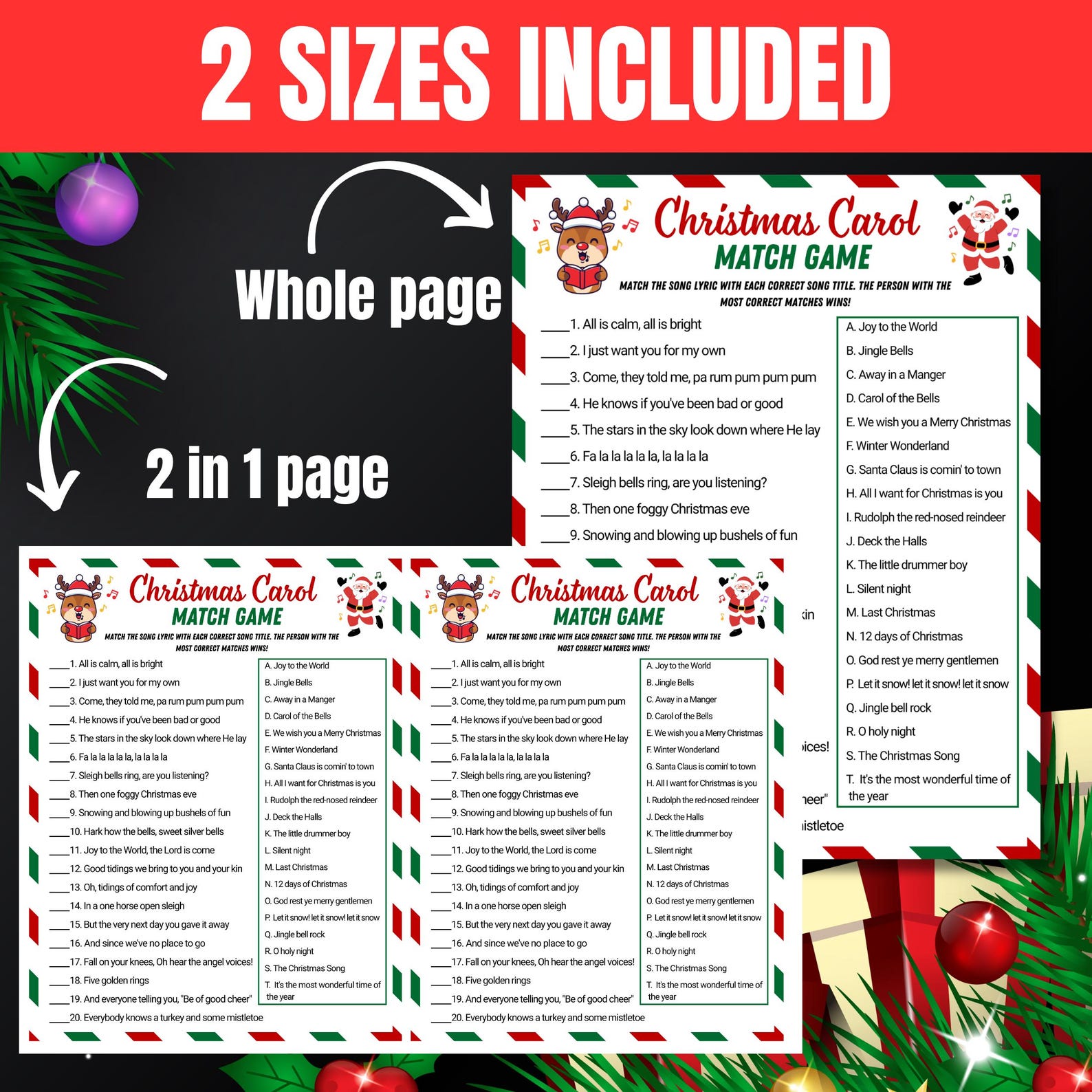 Printable Christmas Carol Match Game, Holiday Trivia (digital Download ...