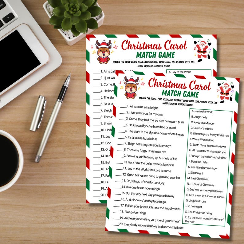 Printable Christmas Carol Match Game, Holiday Trivia (digital Download ...