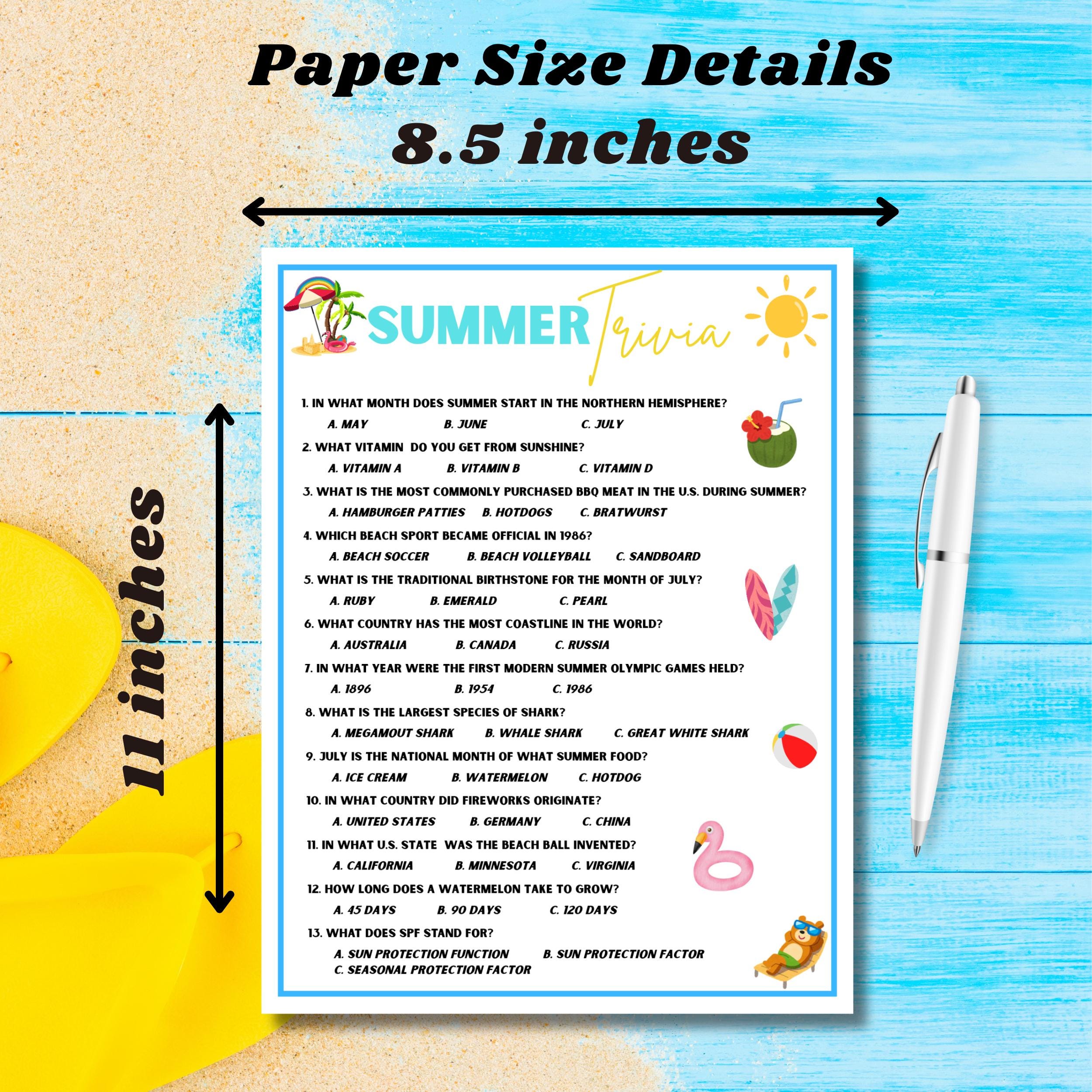 Summer Trivia Game, Summer Trivia Quiz, Summer Games, Summer Printable ...
