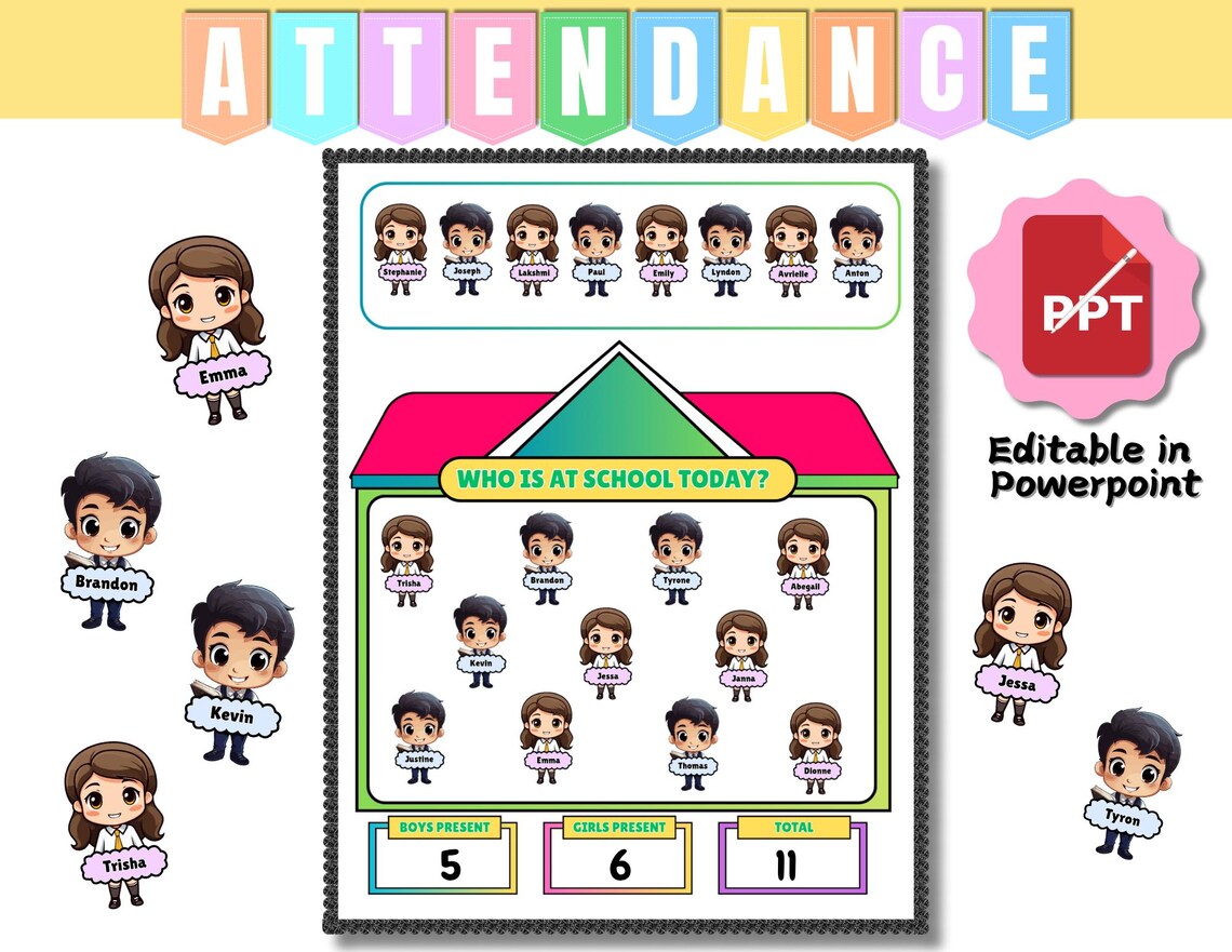Attendance Chart | School Theme, K-6 Classroom (editable in Powerpoint ...