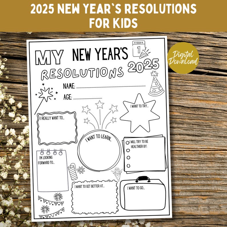 2025 New Year's Resolutions Coloring Page for Kids - New Year's Eve ...