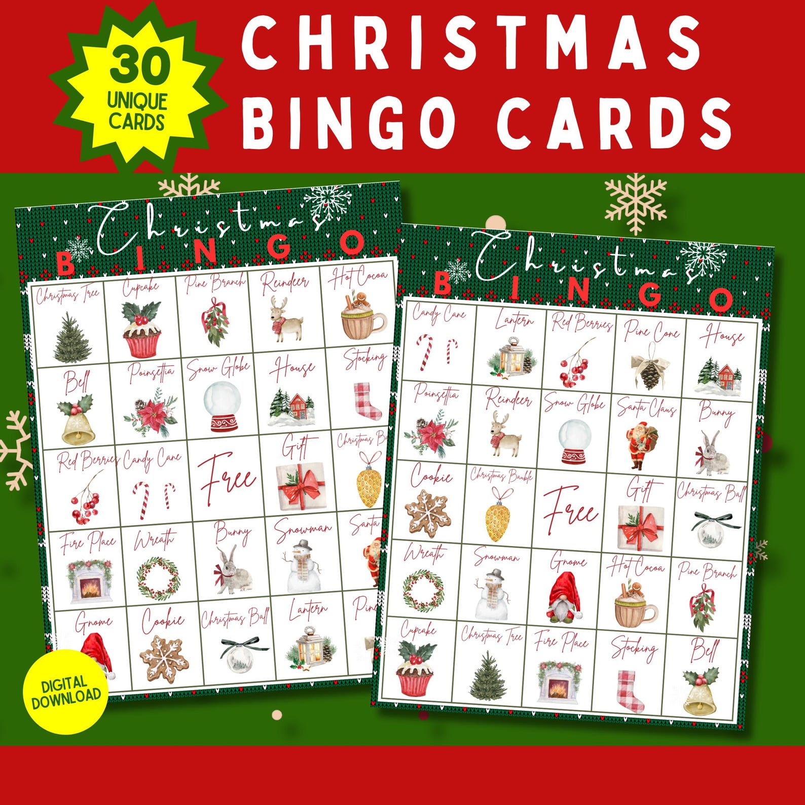 Christmas Bingo Game, 30 Unique Cards (digital Download) - Etsy