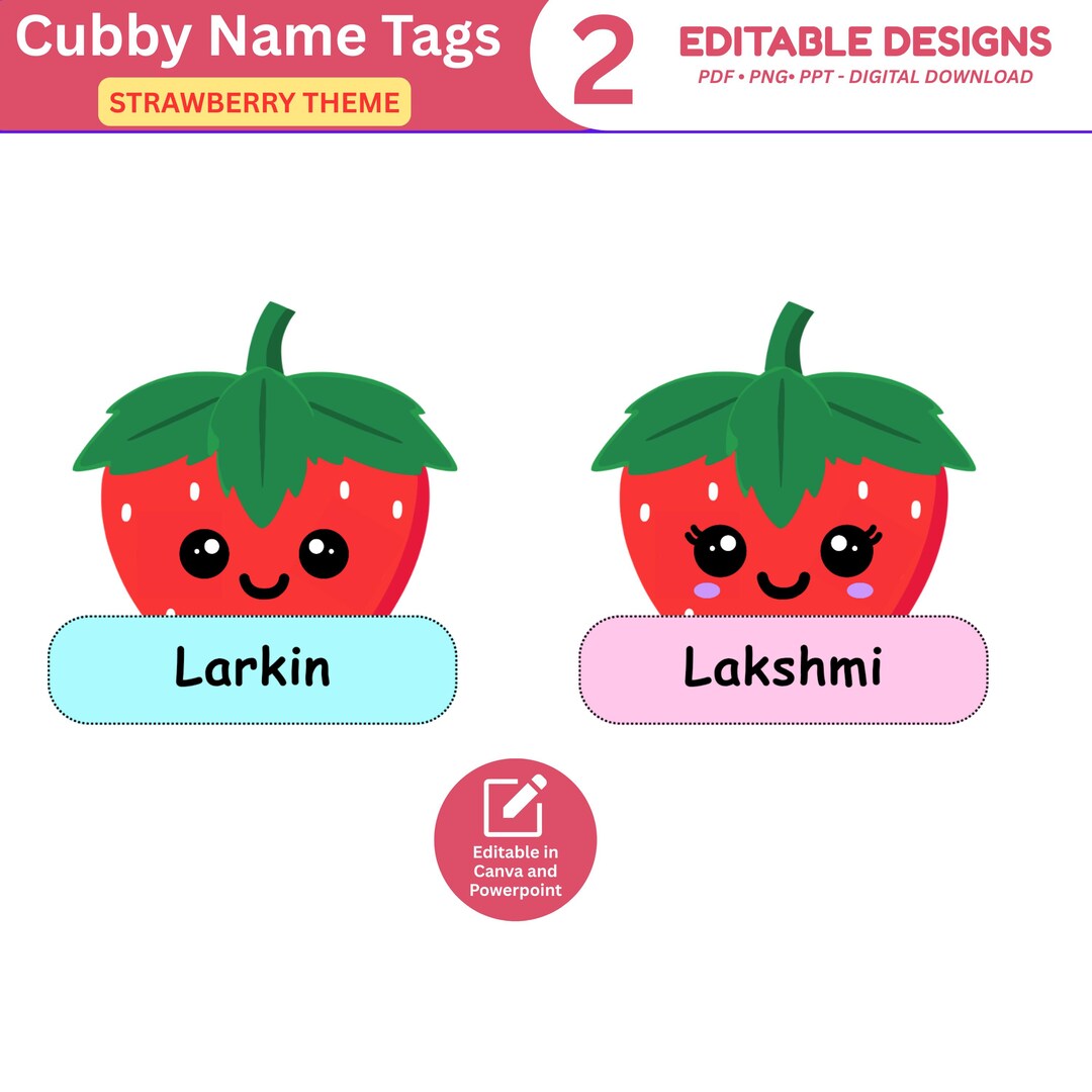 Kawaii Strawberry Cubby Name Tags: Editable Classroom Labels (digital ...