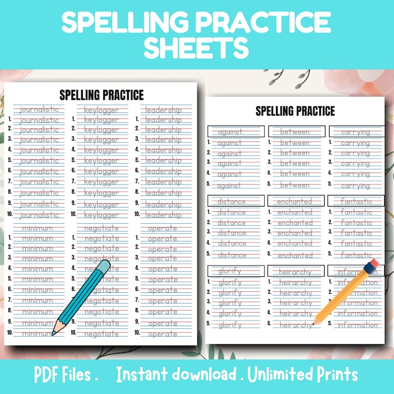 Spelling Practice Sheets With Handwriting Guidelines (PDF) - Etsy