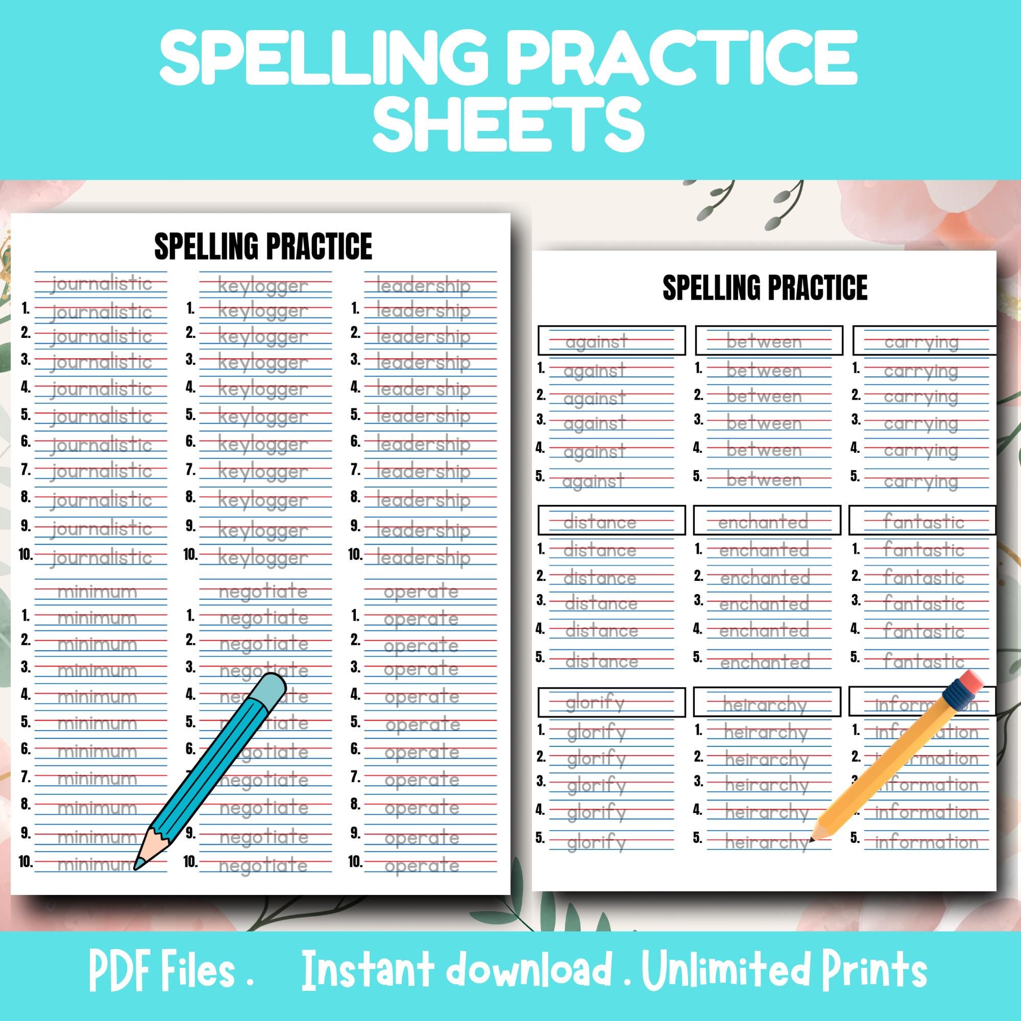 Spelling Practice Sheets With Handwriting Guidelines (PDF) - Etsy