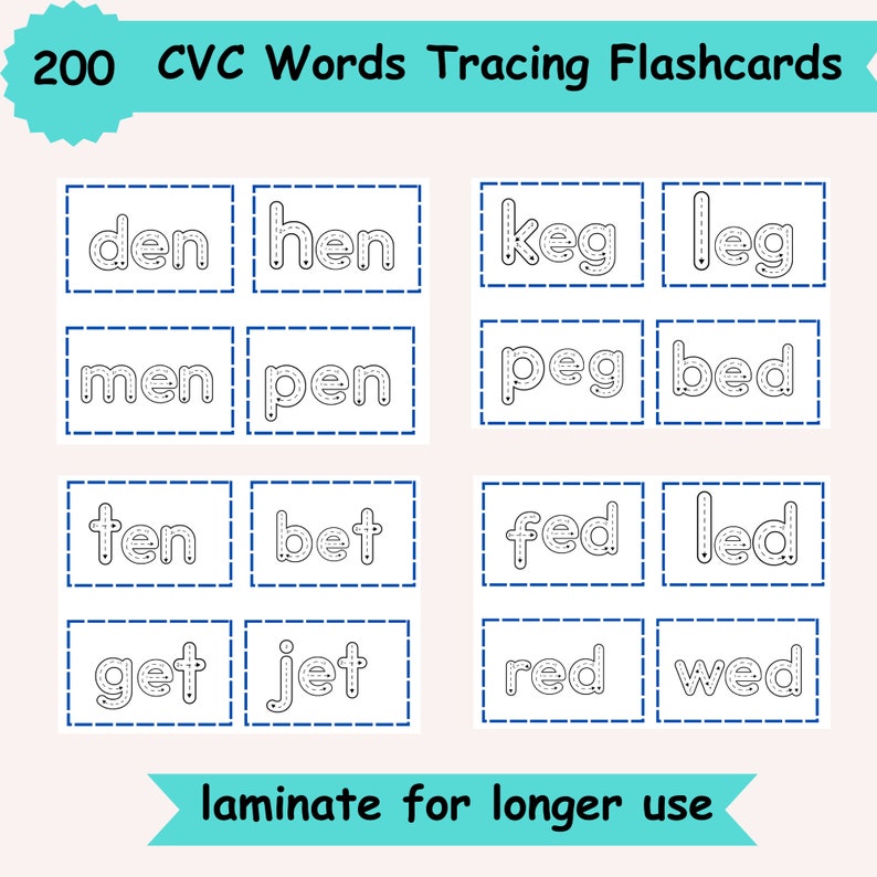 CVC Phonics, Words Tracing Cards, CVC Flashcards for Pre-k, Words ...