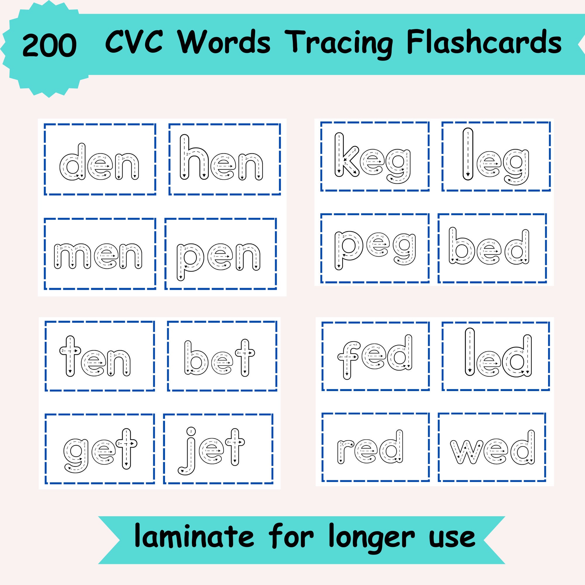 CVC Phonics, Words Tracing Cards, CVC Flashcards for Pre-k, Words ...