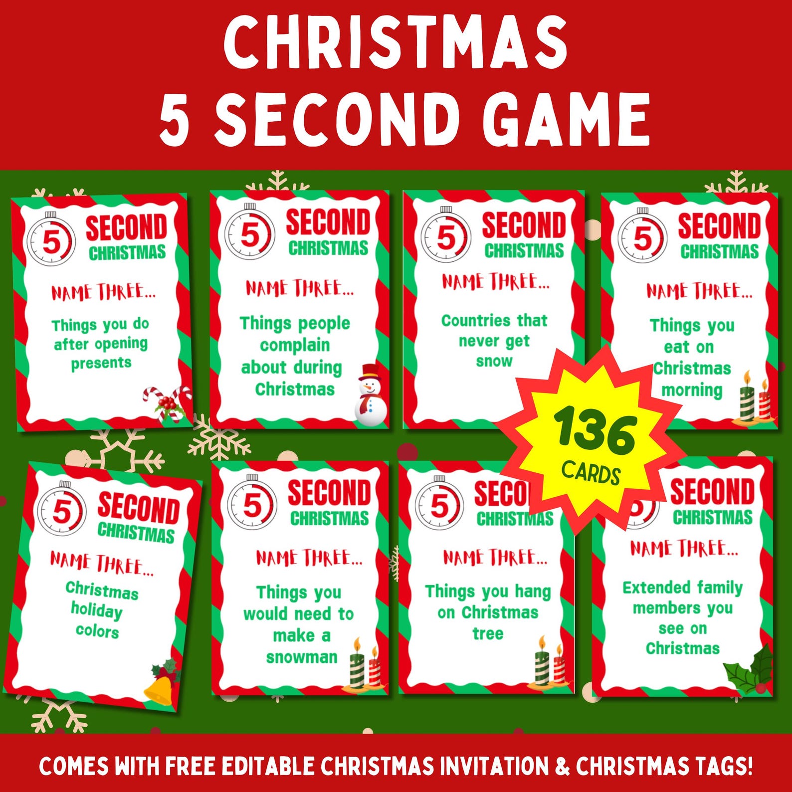 Christmas 5 Second Game | Printable Party Activity (PDF) - Etsy