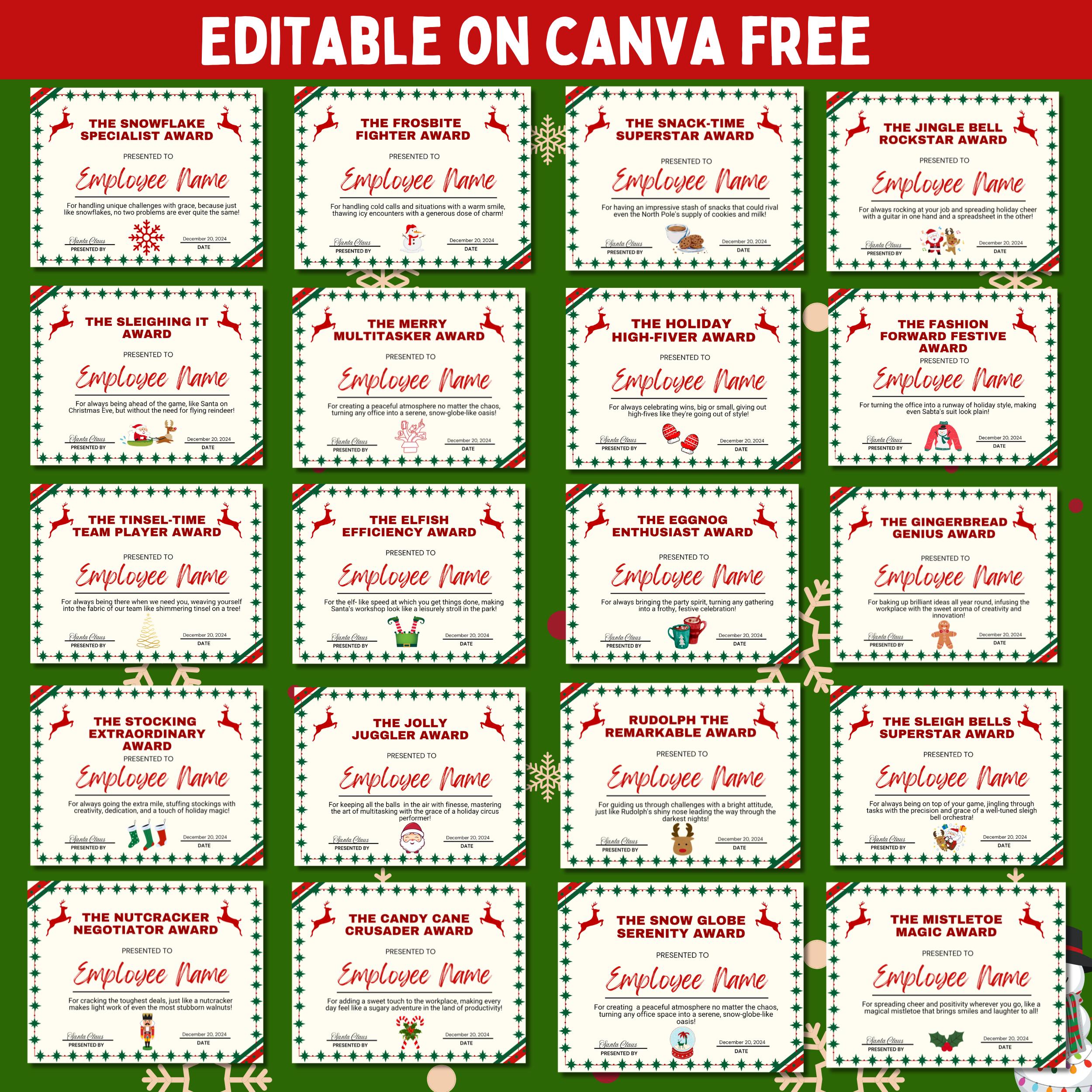 20 Funny Christmas Awards for Employees, Certificates Editable in Canva ...