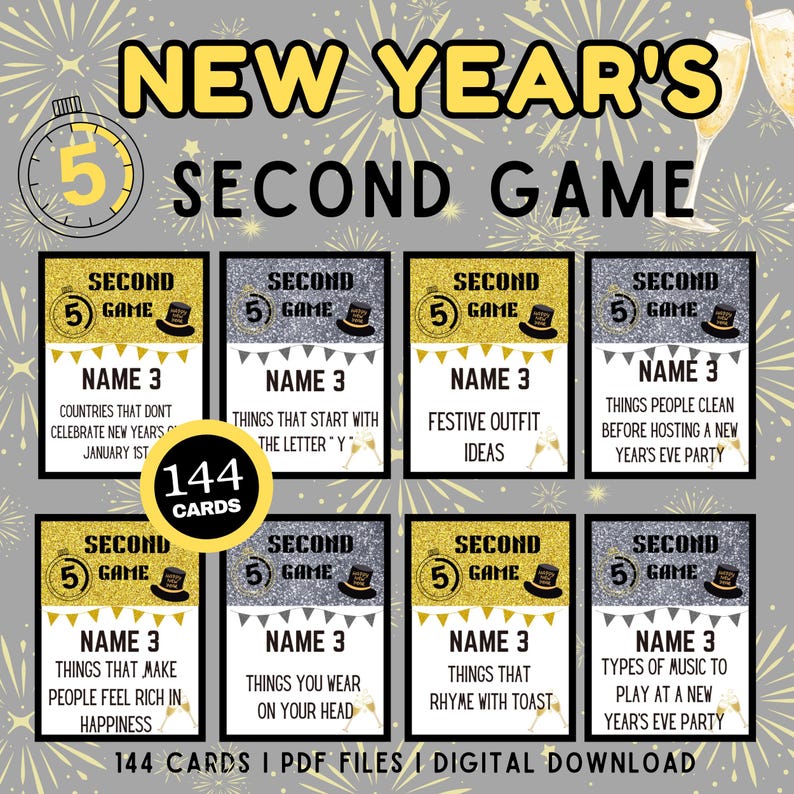 New Year's Eve 5 Second Game, 144 Cards (PDF Printable) - Etsy