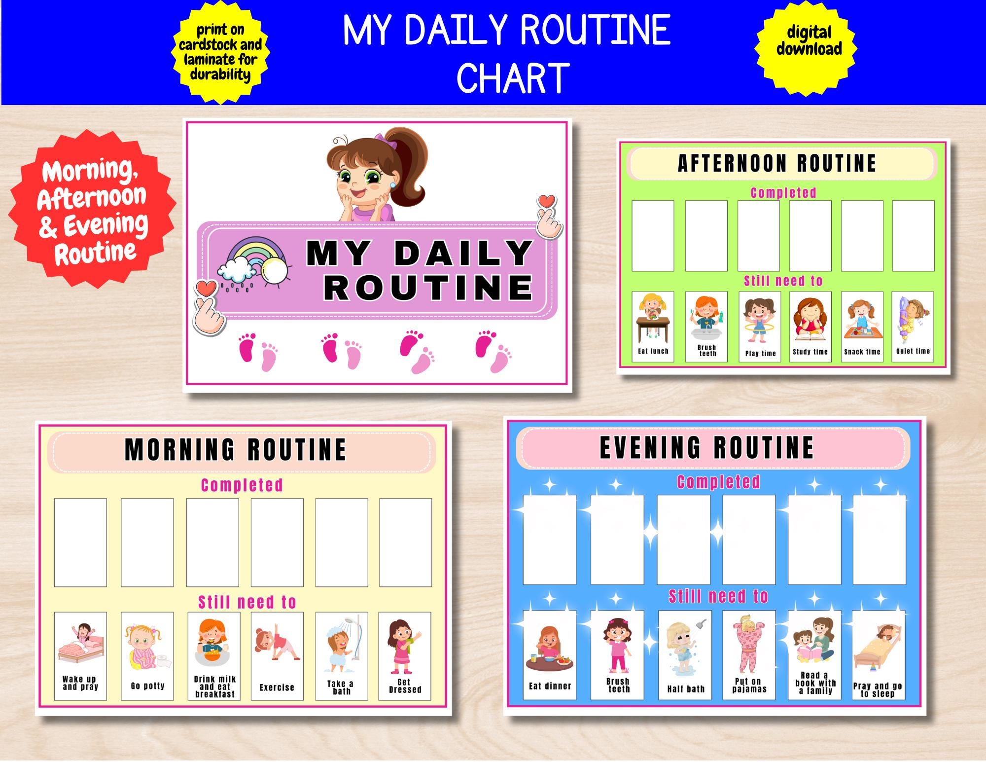 Girl Daily Routine Chart Printable, Morning, Afternoon, Evening Bedtime ...