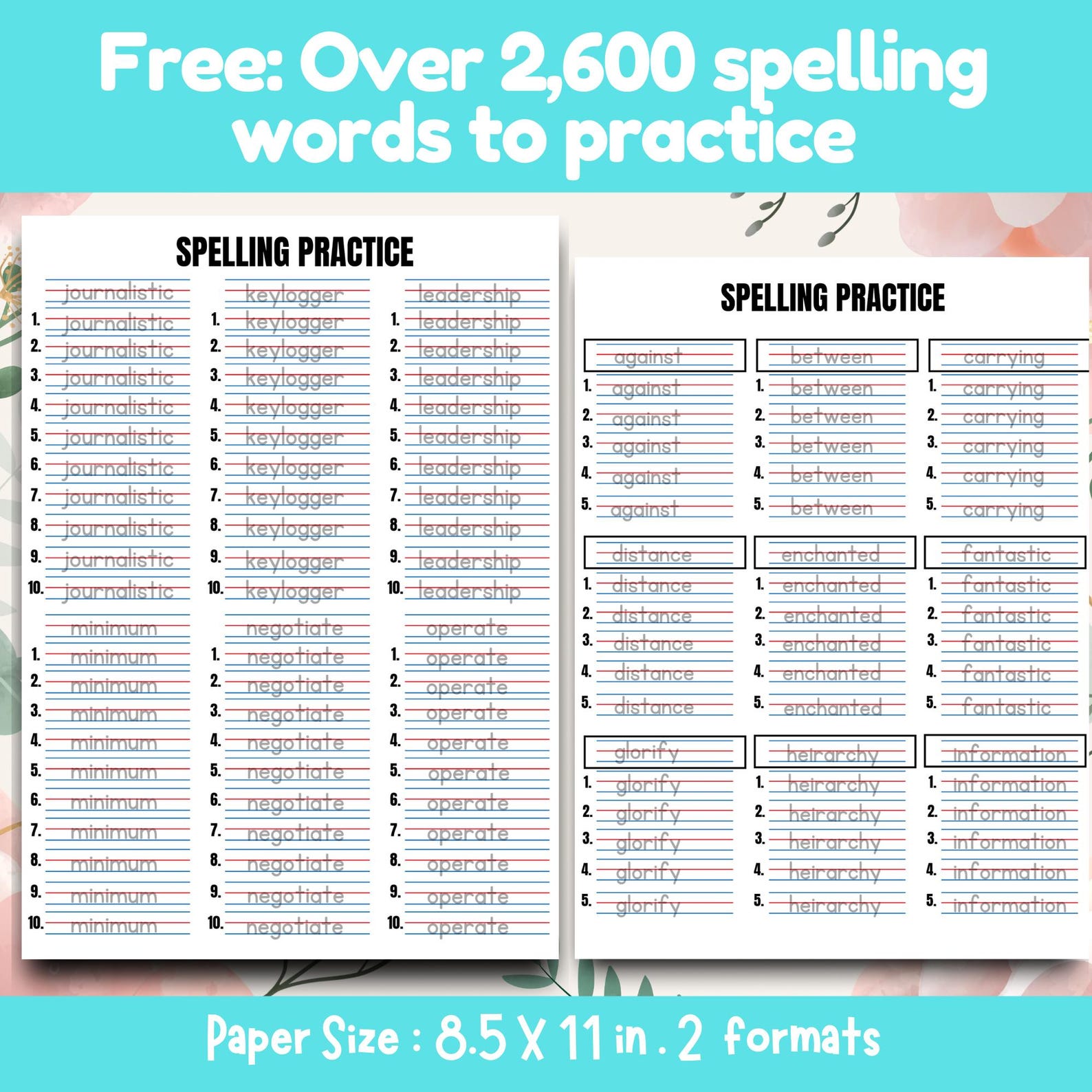 Spelling Practice Sheets With Handwriting Guidelines (PDF) - Etsy