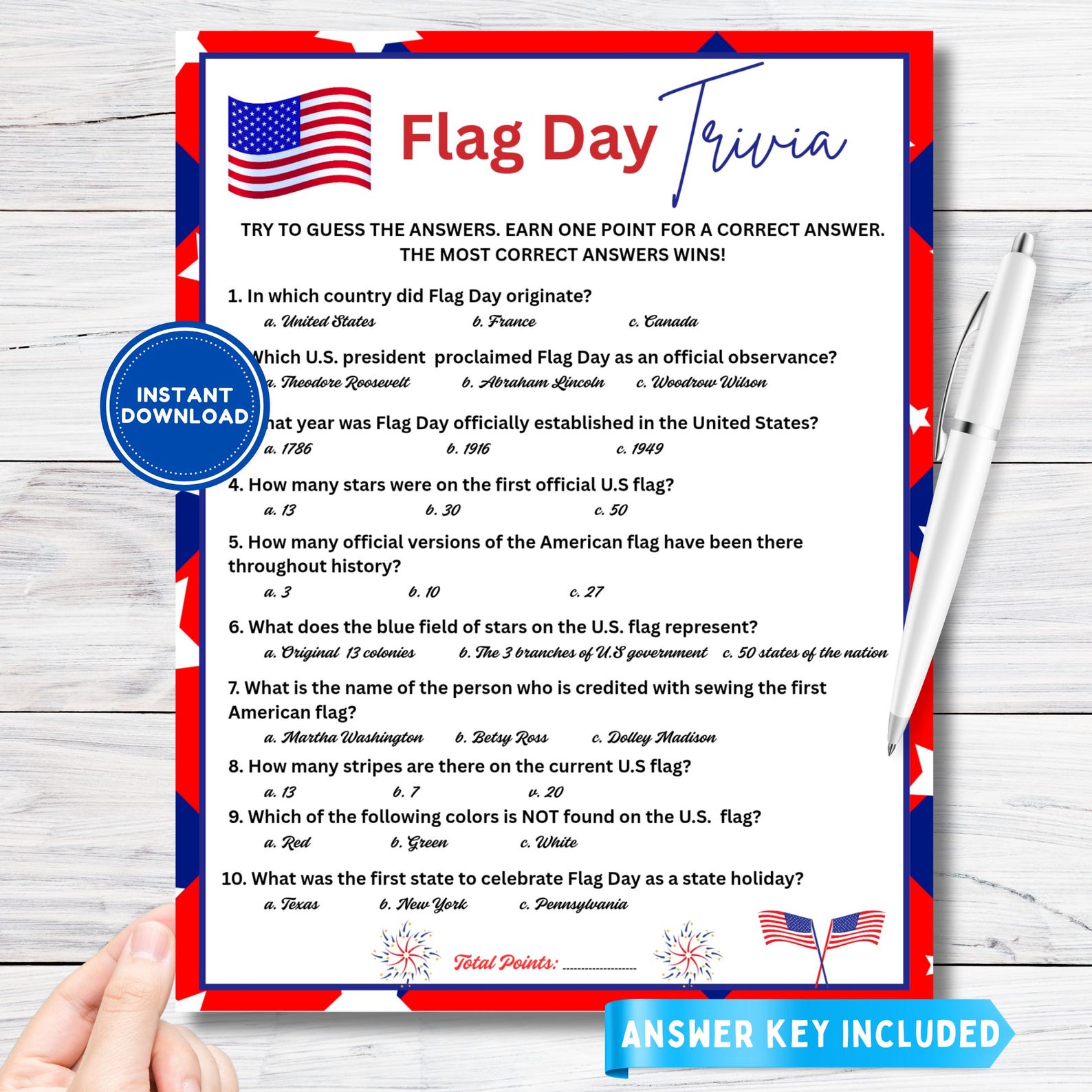 Flag Day Trivia Game, Patriotic Printable (digital Download) - Etsy