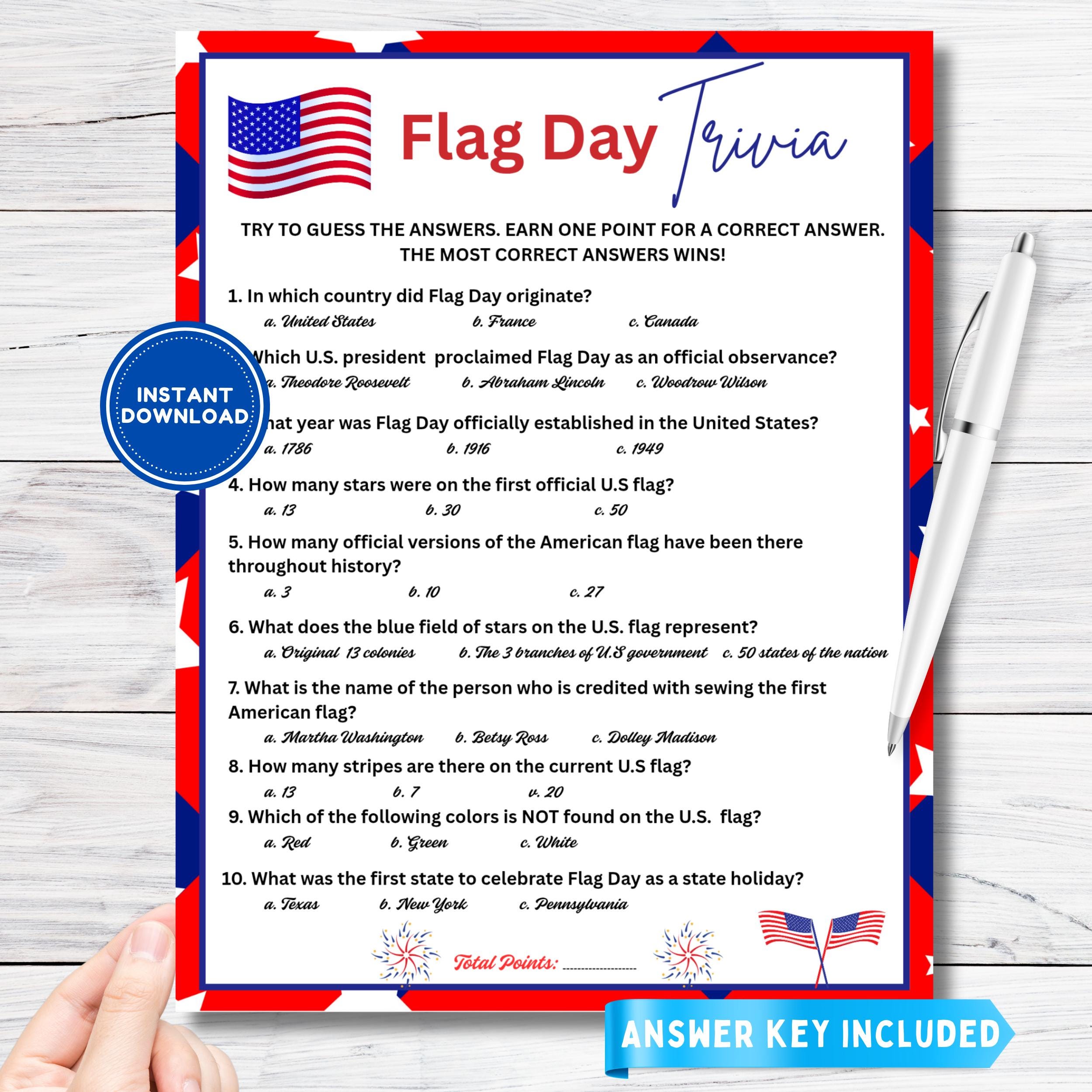 Flag Day Trivia Game, Patriotic Printable (digital Download) - Etsy