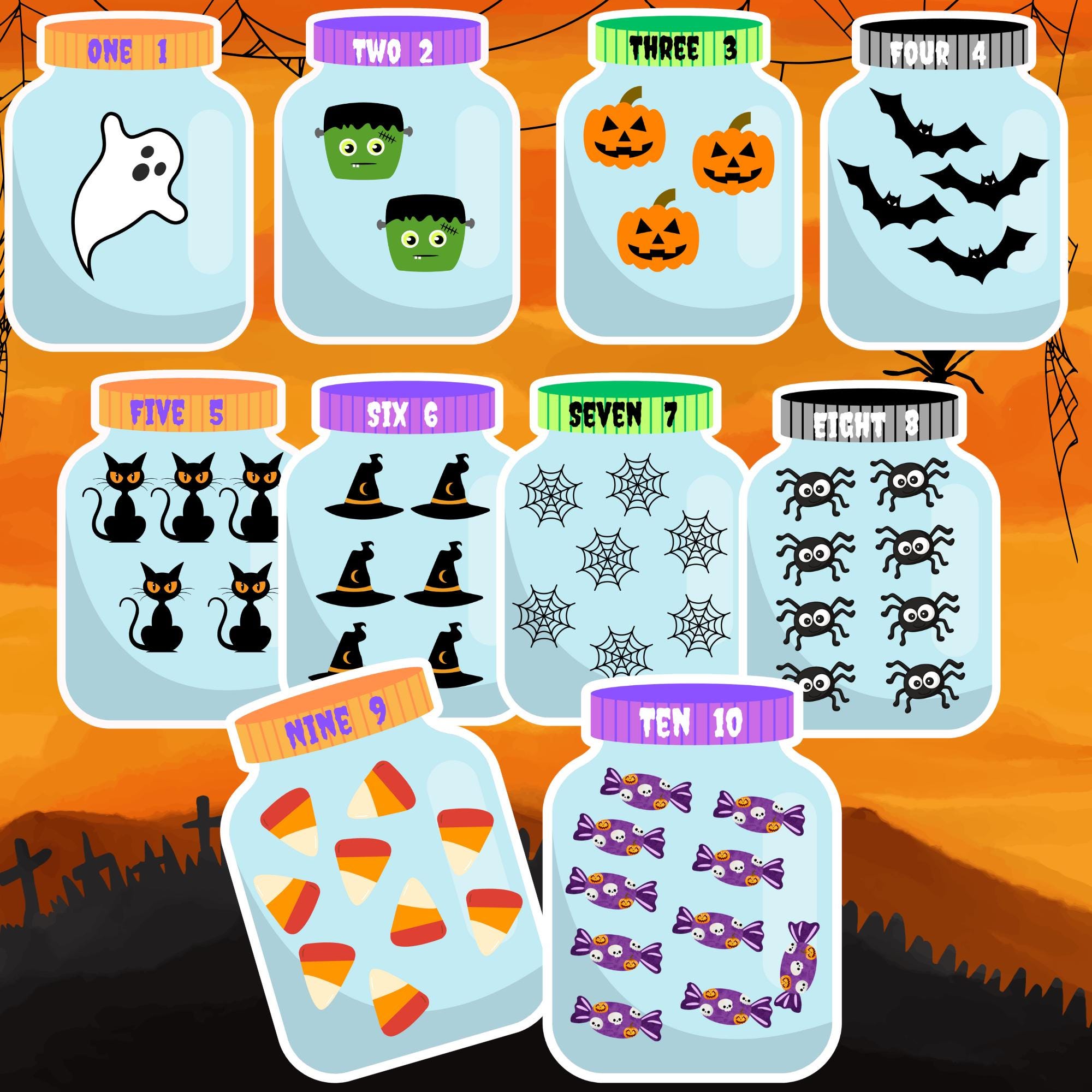Halloween Counting Activity for Kids, Fall Activity Number Sorting Jars ...