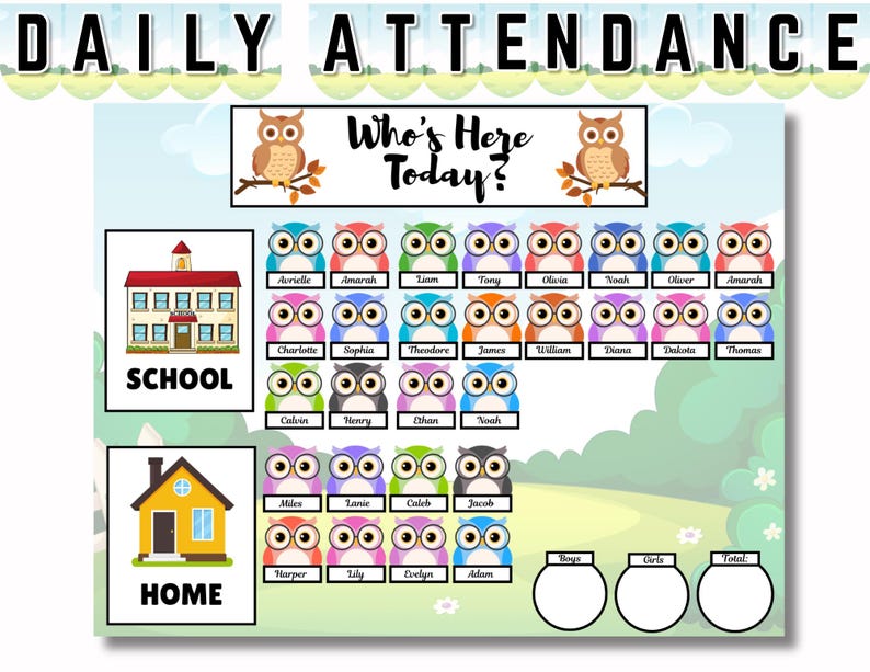 Owl Attendance Chart | Printable Classroom Bulletin Board (digital ...