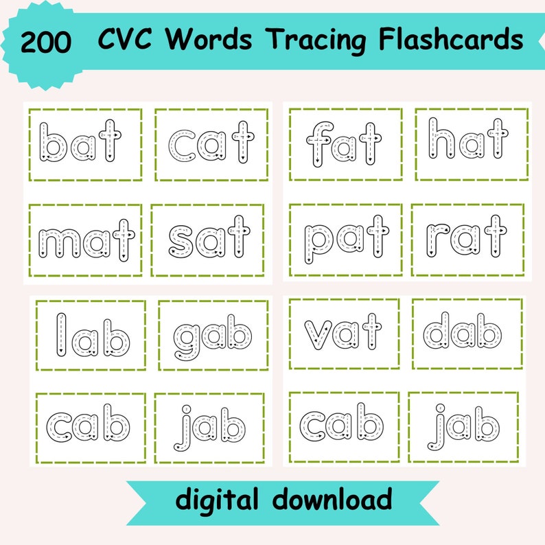 CVC Phonics, Words Tracing Cards, CVC Flashcards for Pre-k, Words ...