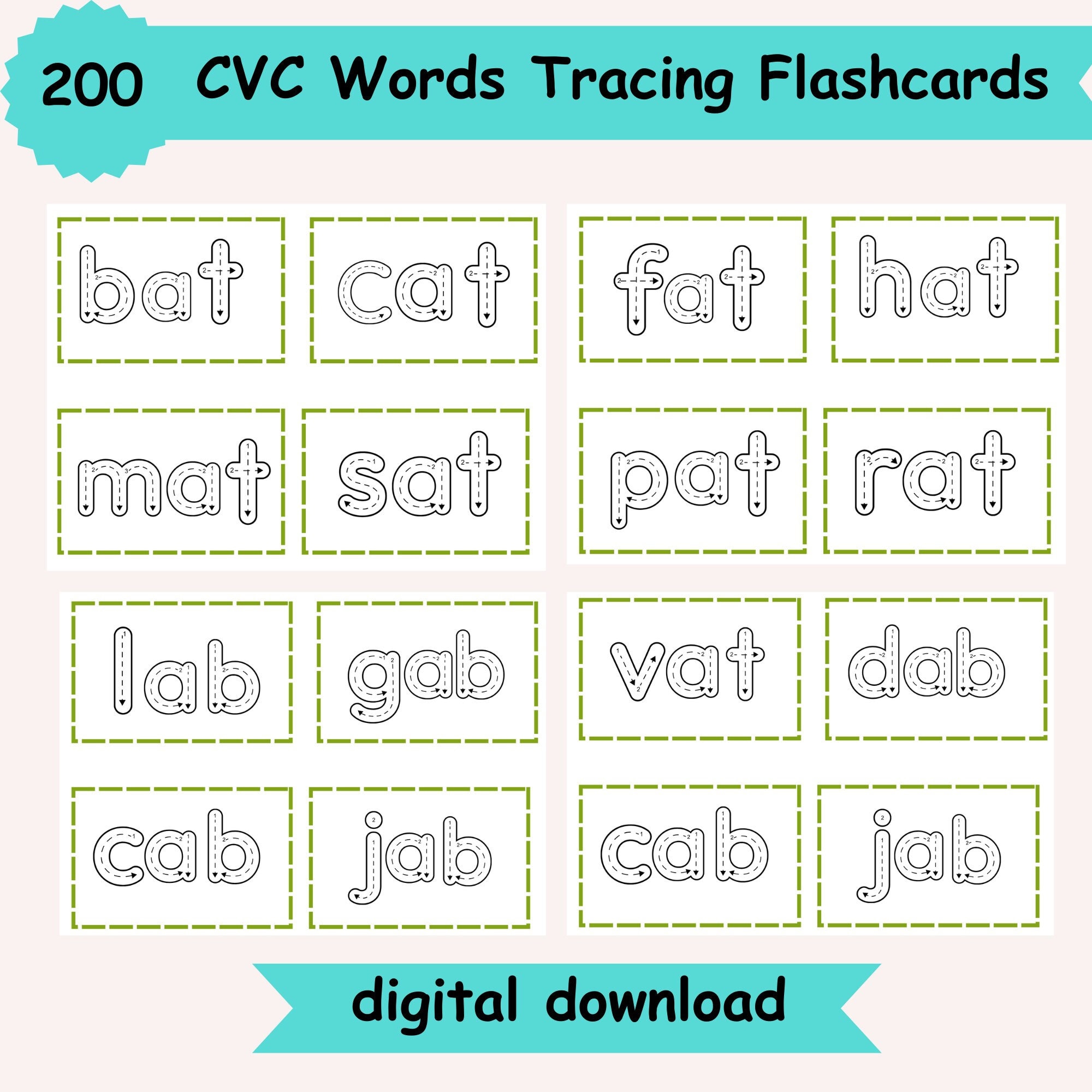 CVC Phonics, Words Tracing Cards, CVC Flashcards for Pre-k, Words ...