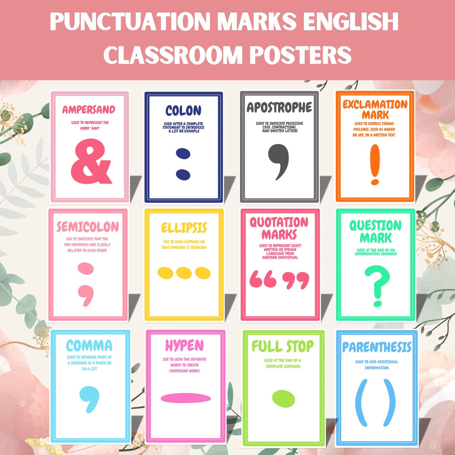 Punctuation Marks Posters, English Classroom Posters, Set of 12 Posters ...
