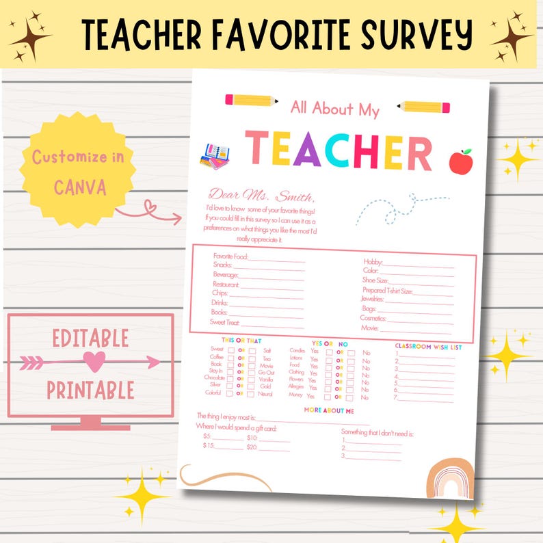 Teacher Favorites Survey, Back to School Questionnaire (editable Canva ...