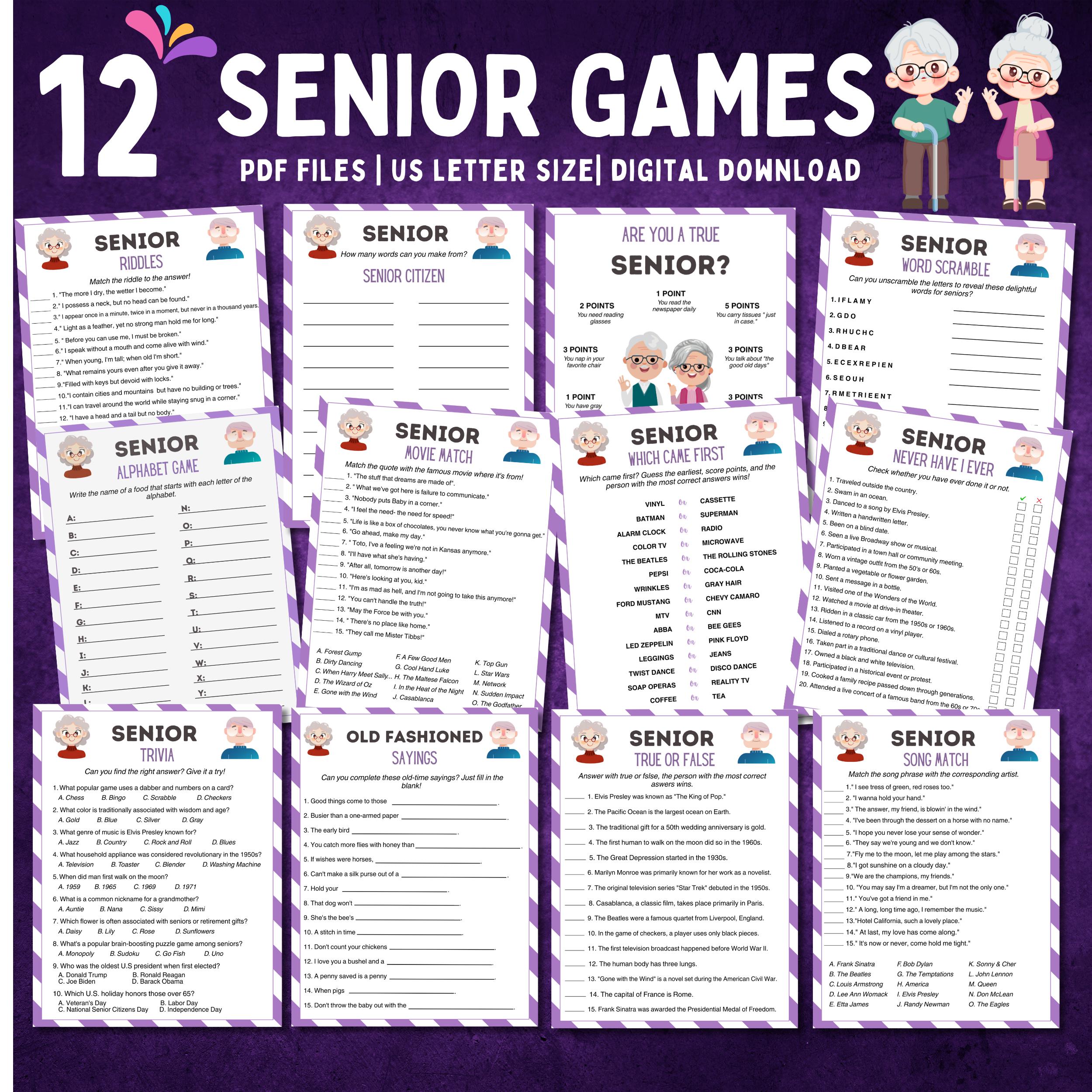 Printable Senior Games Bundle, 12 Fun Group Activities (digital ...